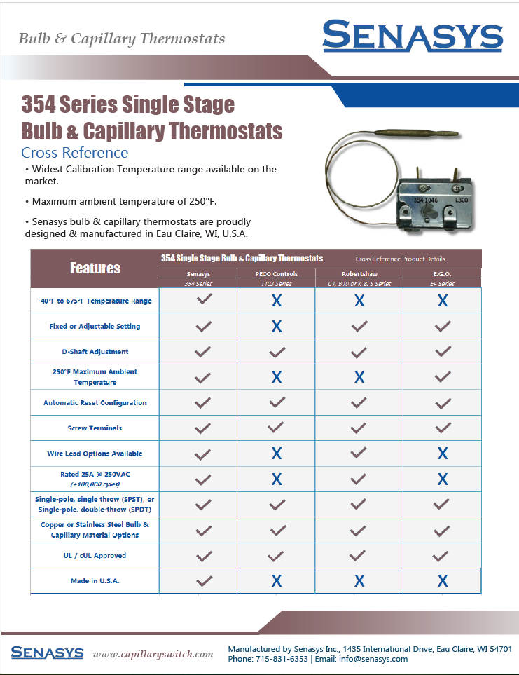 354 Bulb & Capillary Thermostat Cross Reference